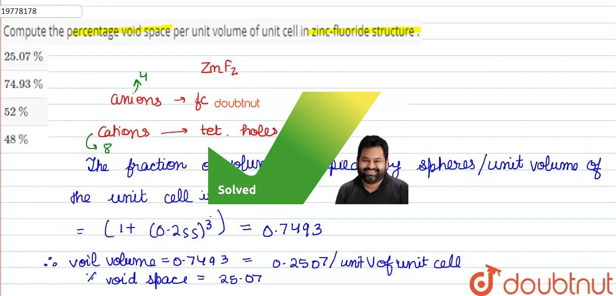 Compute the percentage void space per unit volume of unit cell in zinc