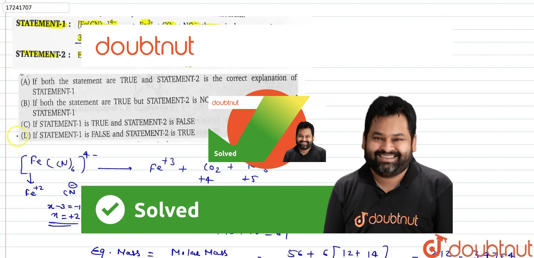 If STATEMENT- is 1 TRUE and STATEMENT-2 is FALSE