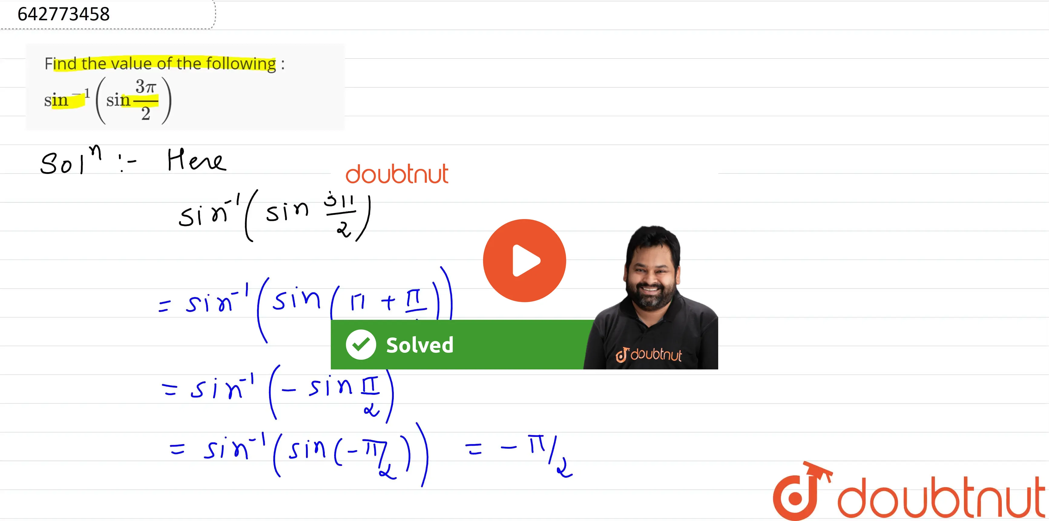 gujrati-find-the-value-of-the-following-sin-1-sin-3pi-2