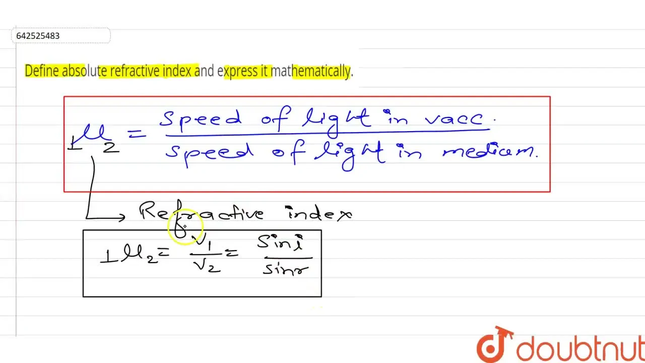 Define absolute refractive index and express it mathematically.