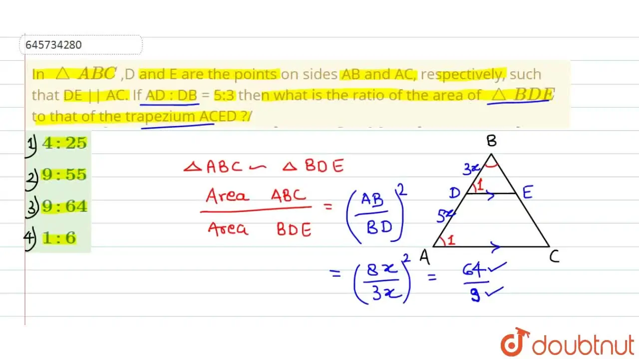 In triangle ABC ,D and E are the points on sides AB and AC, respective