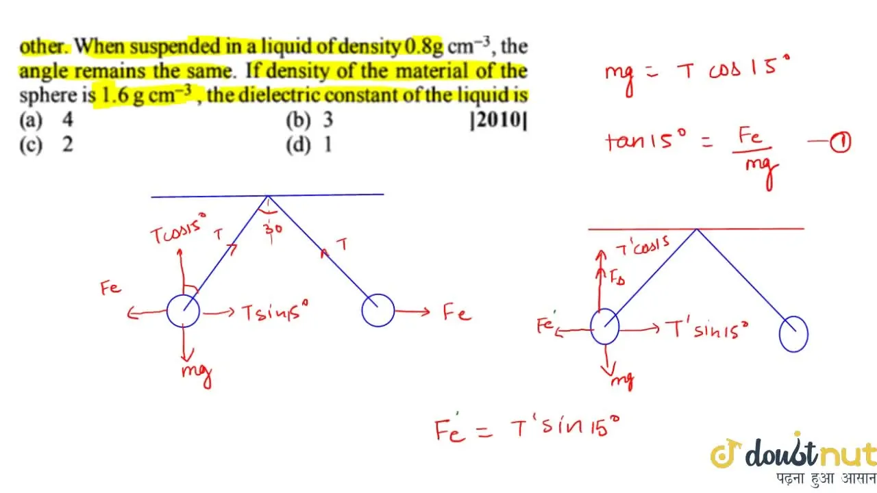 Two identical charged spheres are suspended by strings of equal length
