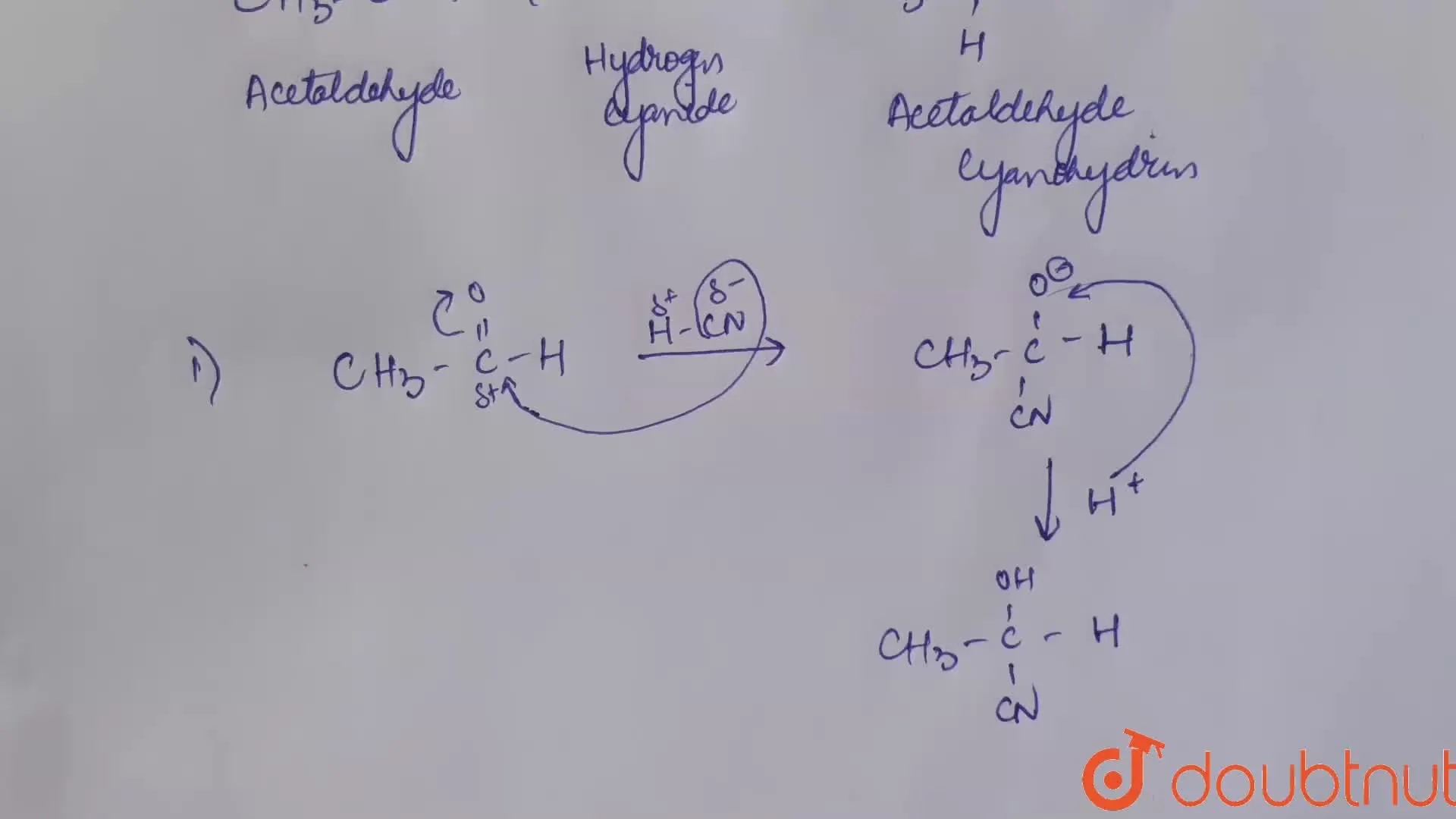 Write chemical equations for reaction of acetaldehyde with HCN