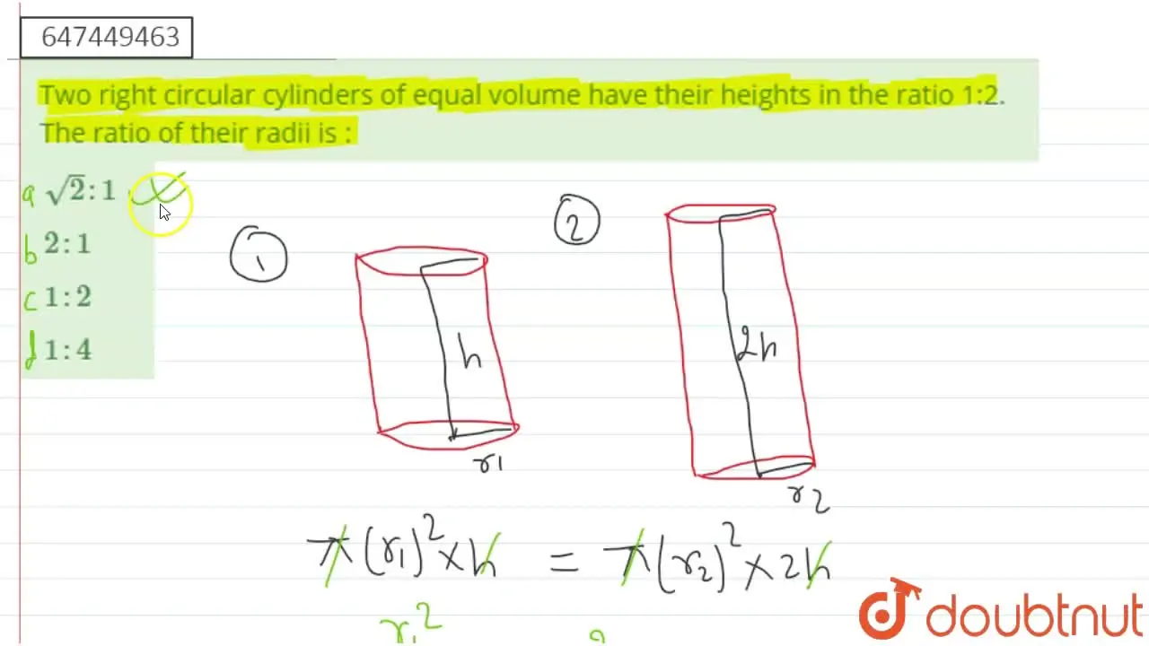 Two right circular cylinders of equal volume have their heights in the