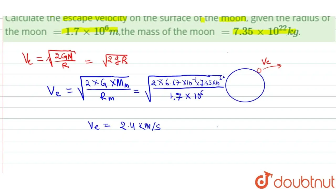 [Odia] Calculate the escape velocity on the surface of the moon, given