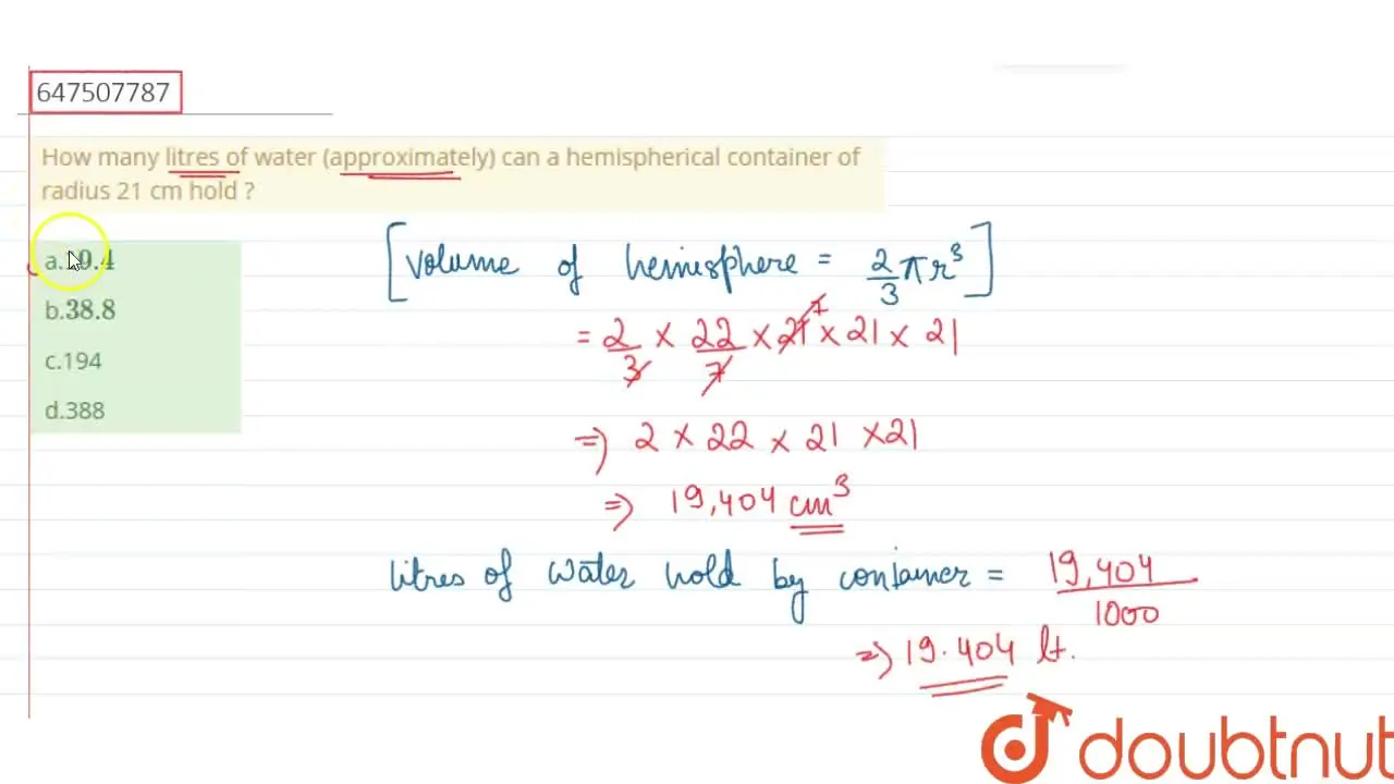 How many litres of water (approximately) can a hemispherical container