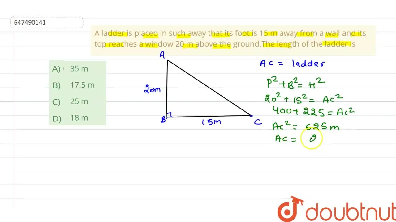 A ladder is placed in such away that its foot is 15 m away from a wall