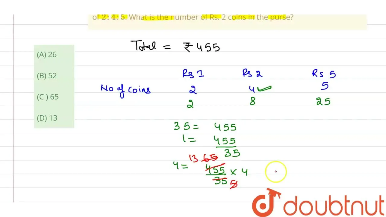 A purse contains Rs. 455 in the form of Rs. 1, Rs. 2, and Rs. 5 coins