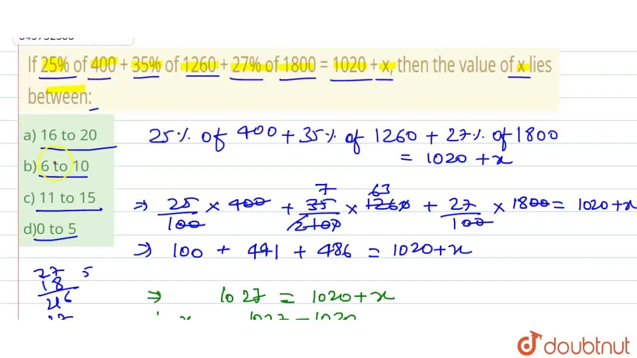If 25% of 400 + 35% of 1260 + 27% of 1800 = 1020 + x, then the value o