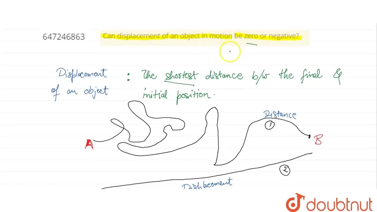 Can displacement of an object in motion be zero or negative?