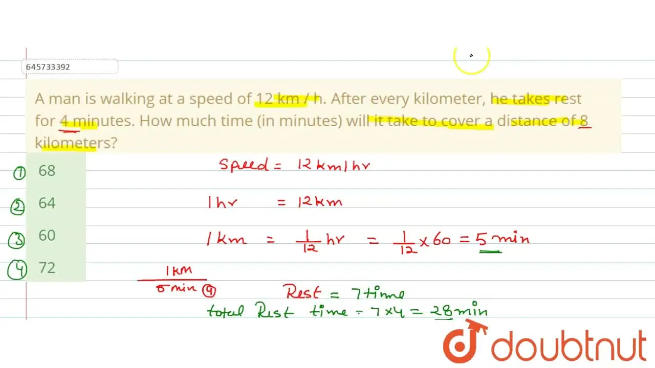 A man is walking at a speed of 12 km / h. After every kilometer, he ta