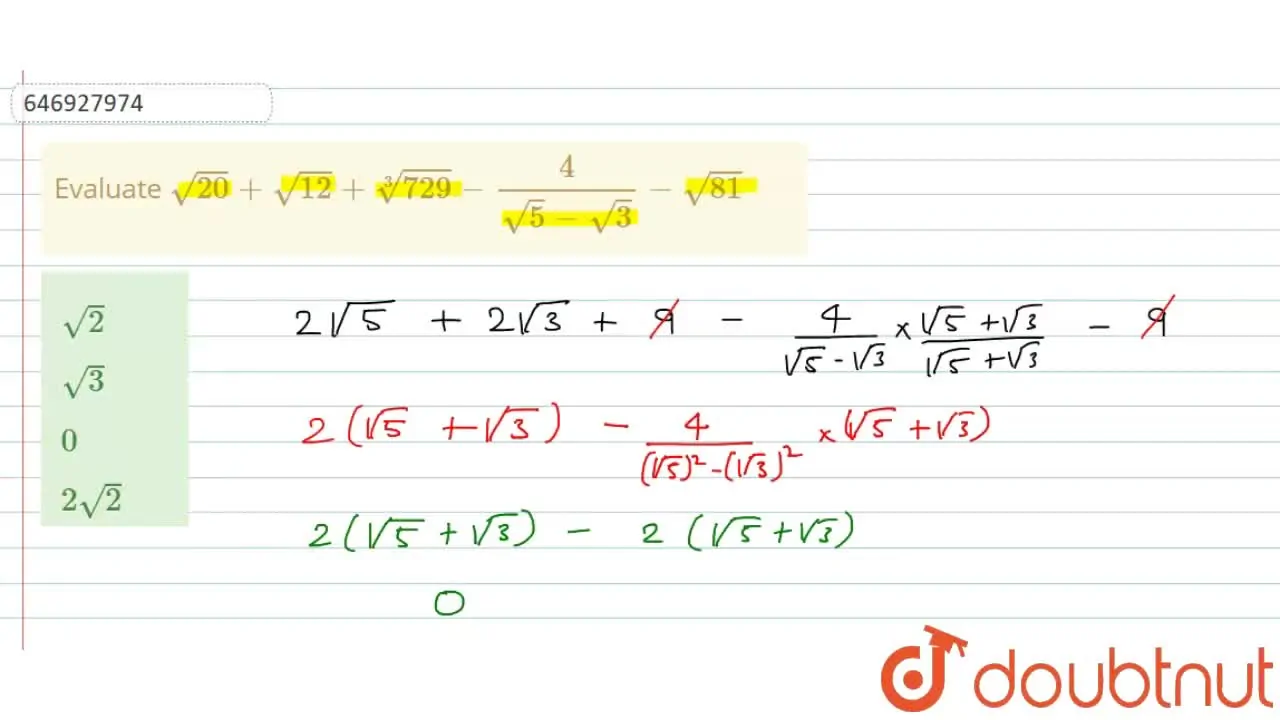 Evaluate sqrt(20)+sqrt(12)+root(3)(729)-(4)/(sqrt(5)-sqrt(3))-sqrt(81)