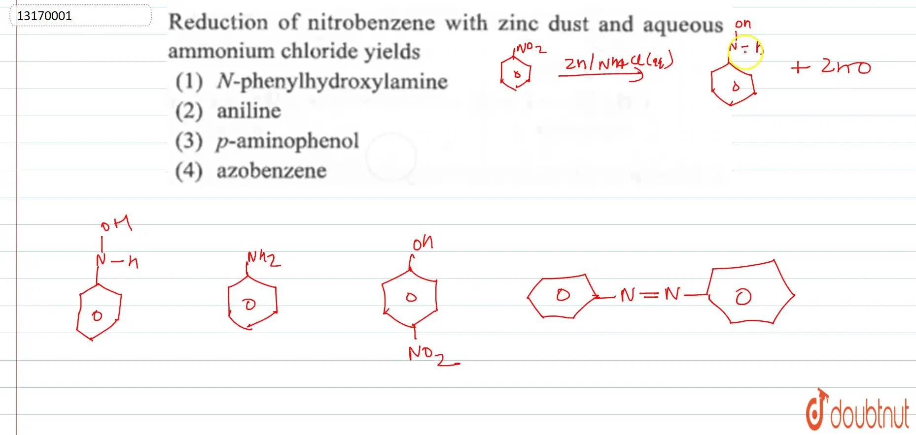Reduction of nitrobenzene with zinc dust and aqueous ammonium chloride