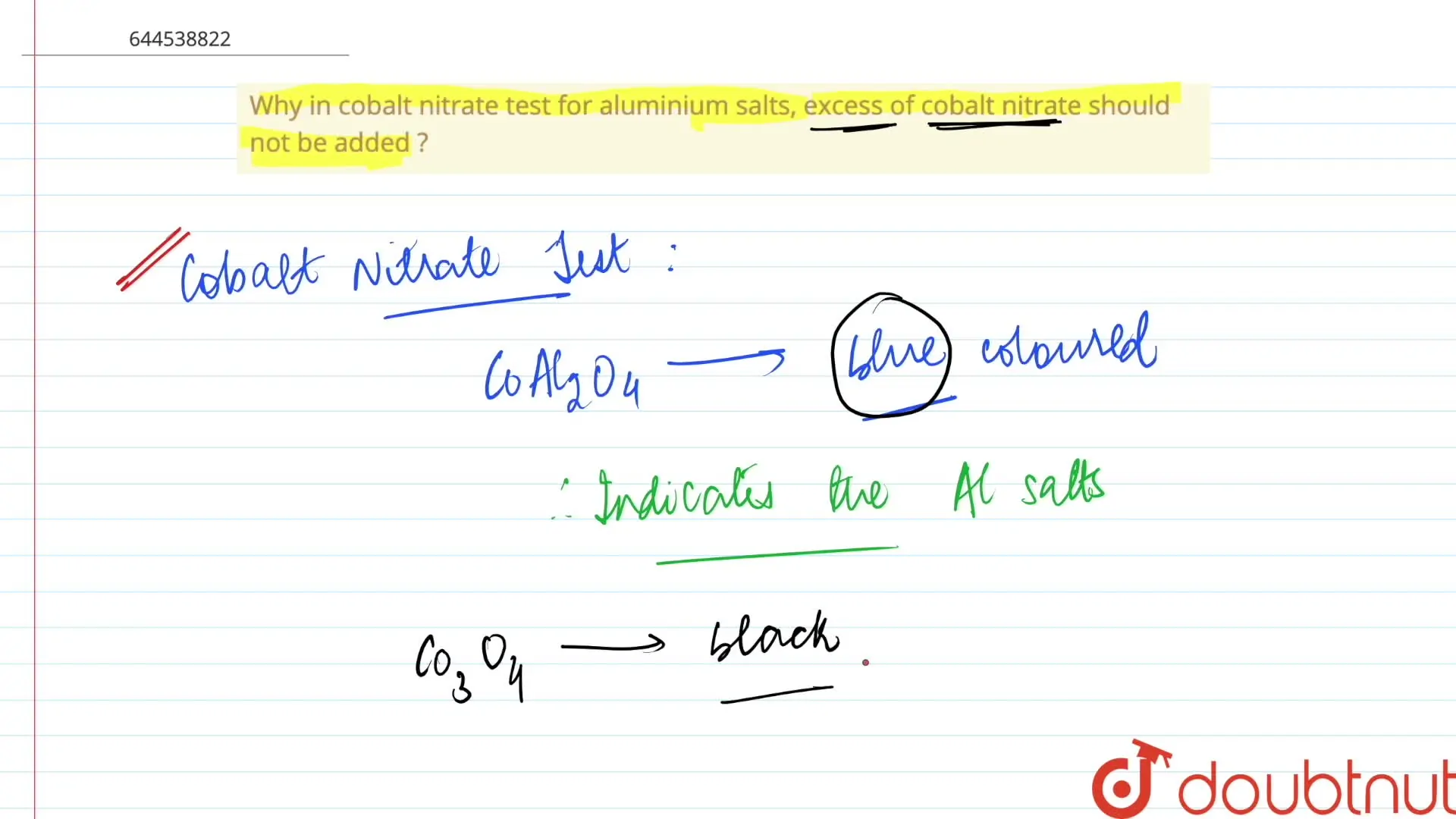 Why in cobalt nitrate test for aluminium salts, excess of cobalt nitra