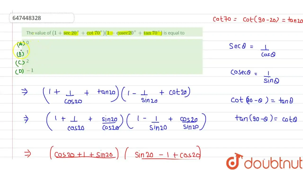 The value of (1+sec20^(@)+cot70^(@))(1-"cosec"20^(@)+tan70^(@)) is