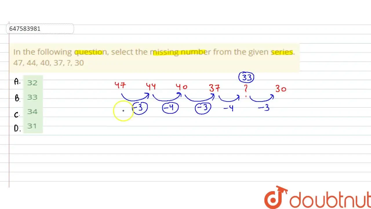 In the following question, select the missing number from the given se