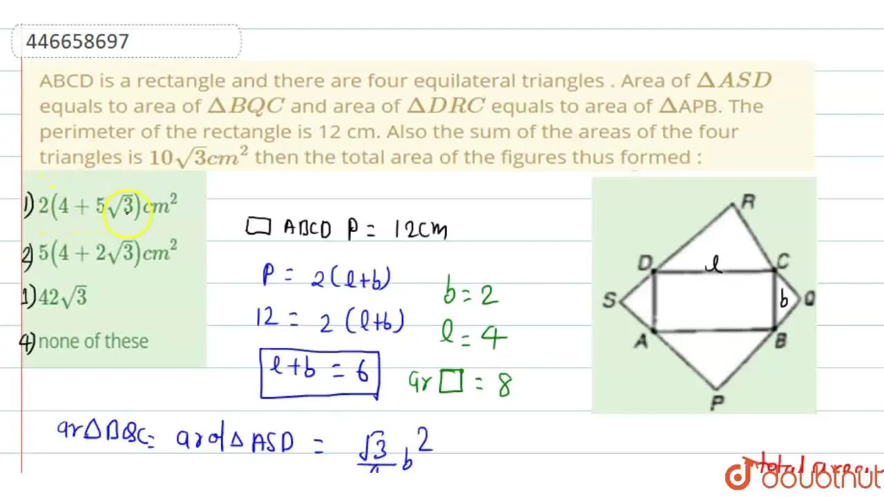 ABCD is a rectangle and there are four equilateral triangles . Area of
