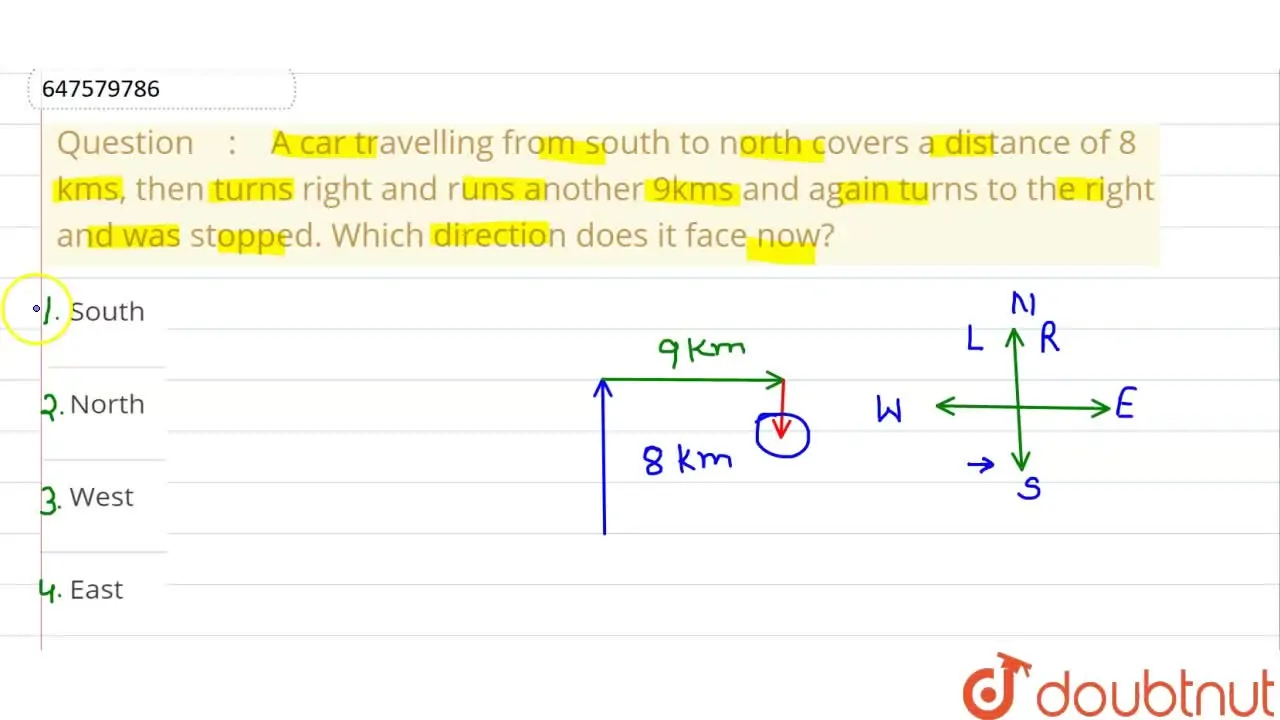 A car travelling from south to north covers a distance of 8 kms, then
