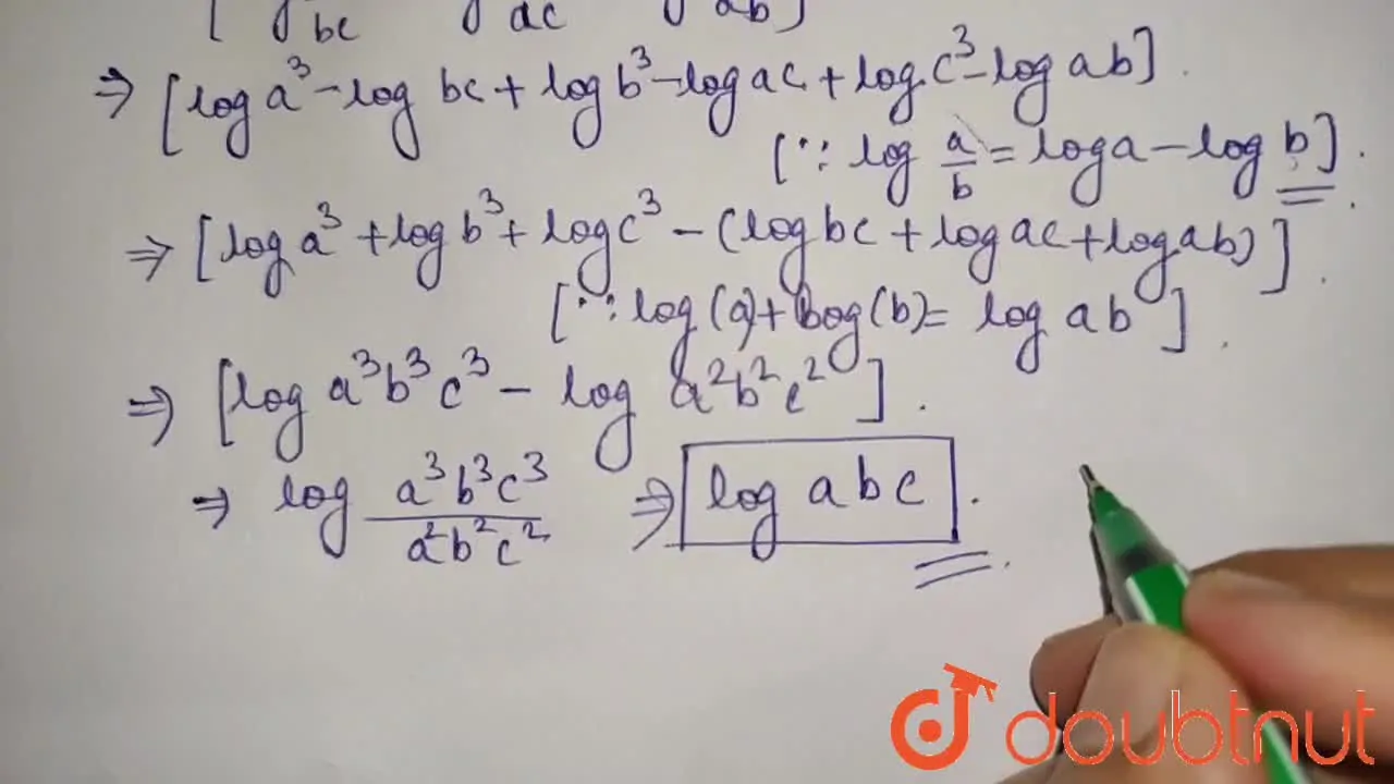 ("log"a^3/(bc)+"log"b^3/(ac)+"log"c^3/(ab)) is equal to