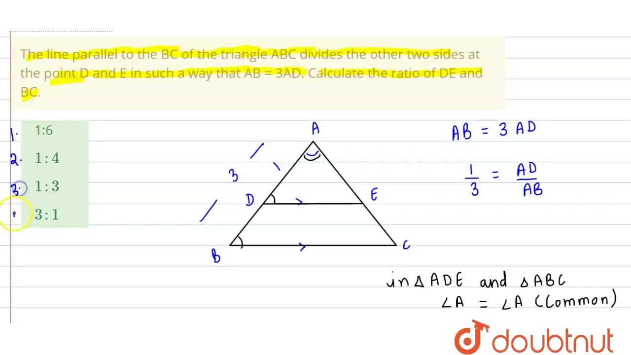 The line parallel to the BC of the triangle ABC divides the other two