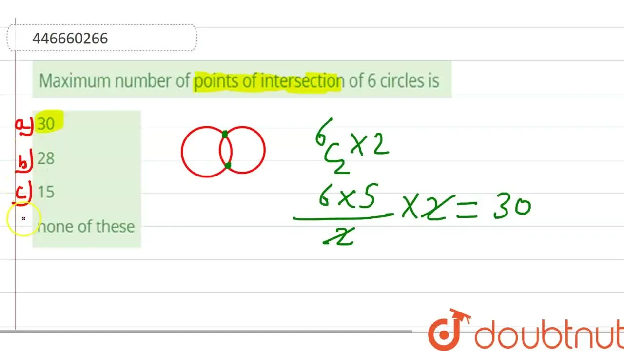 Maximum number of points of intersection of 6 circles is