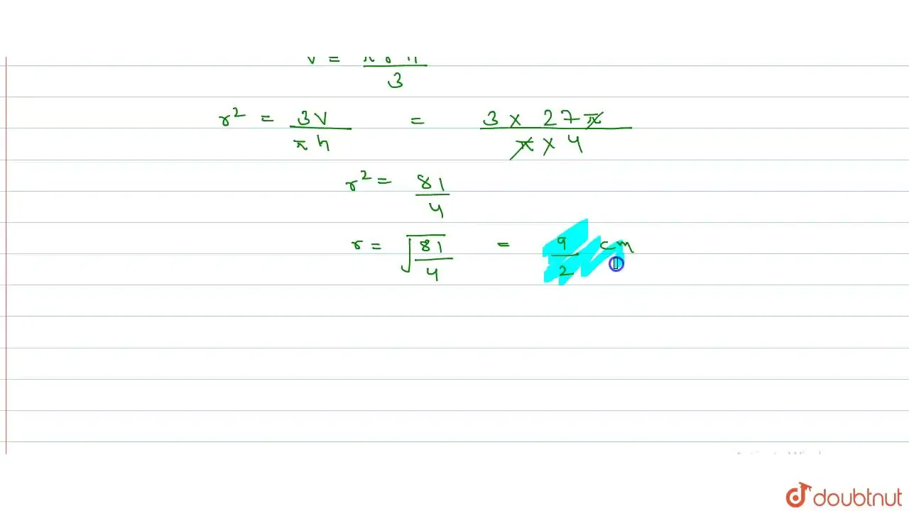 Make r the subject of the formula V=(pir^(2)h)/(3). Find r, when V=27p