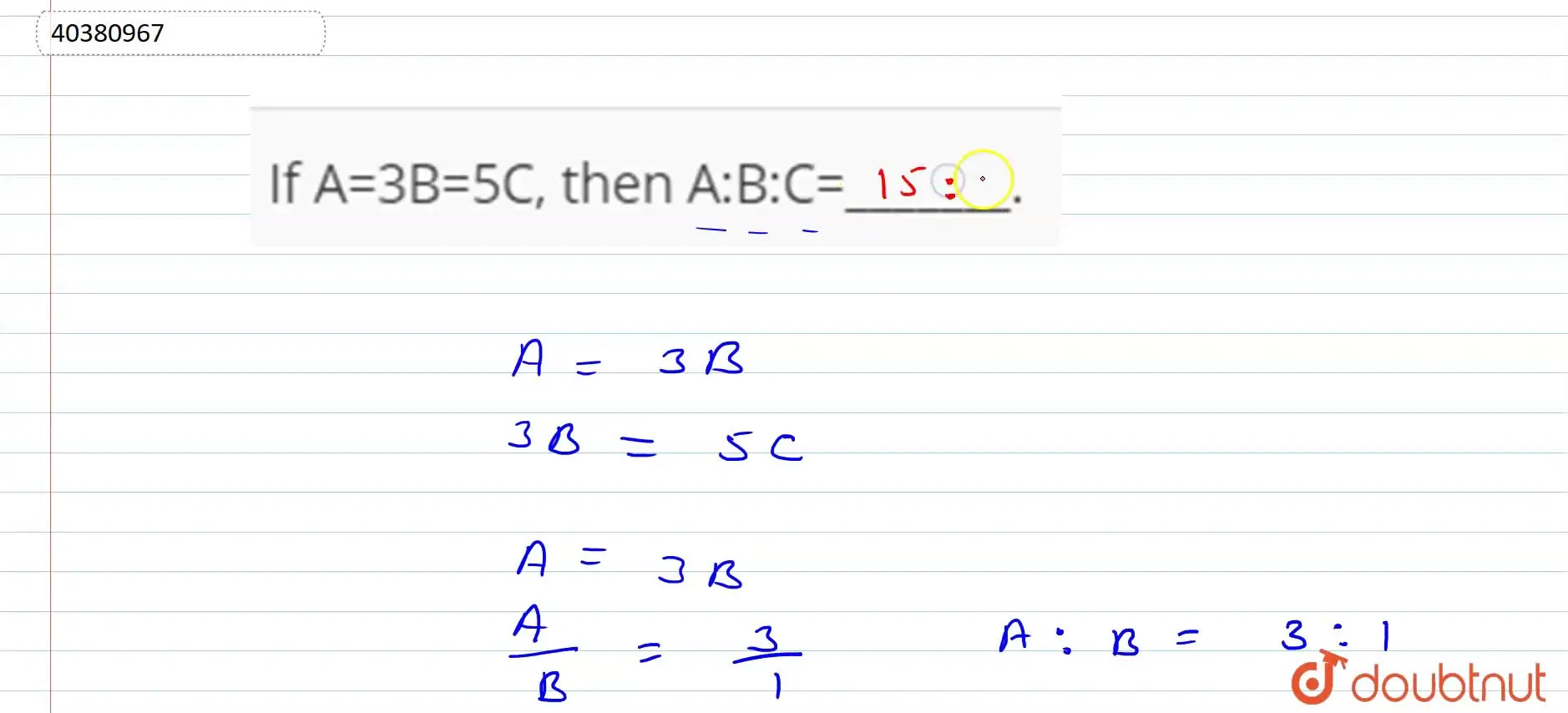 If A=3B=5C, then A:B:C=.