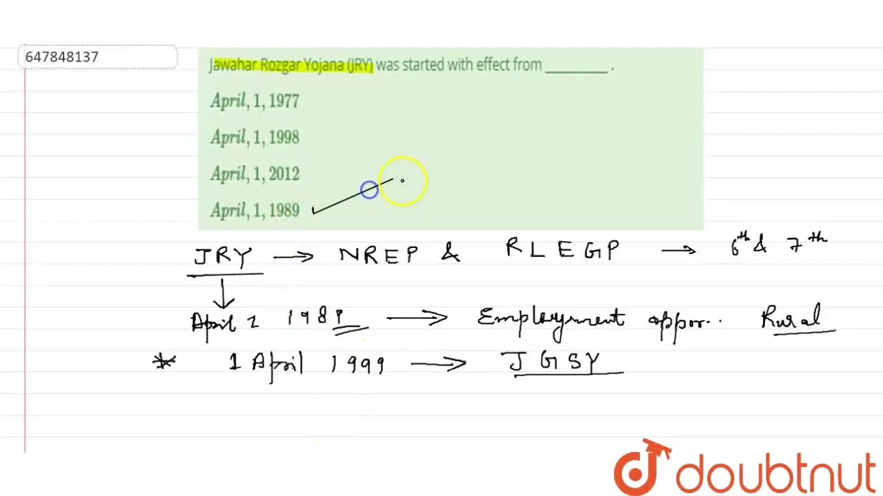 Jawahar Rozgar Yojana (JRY) was started with effect from