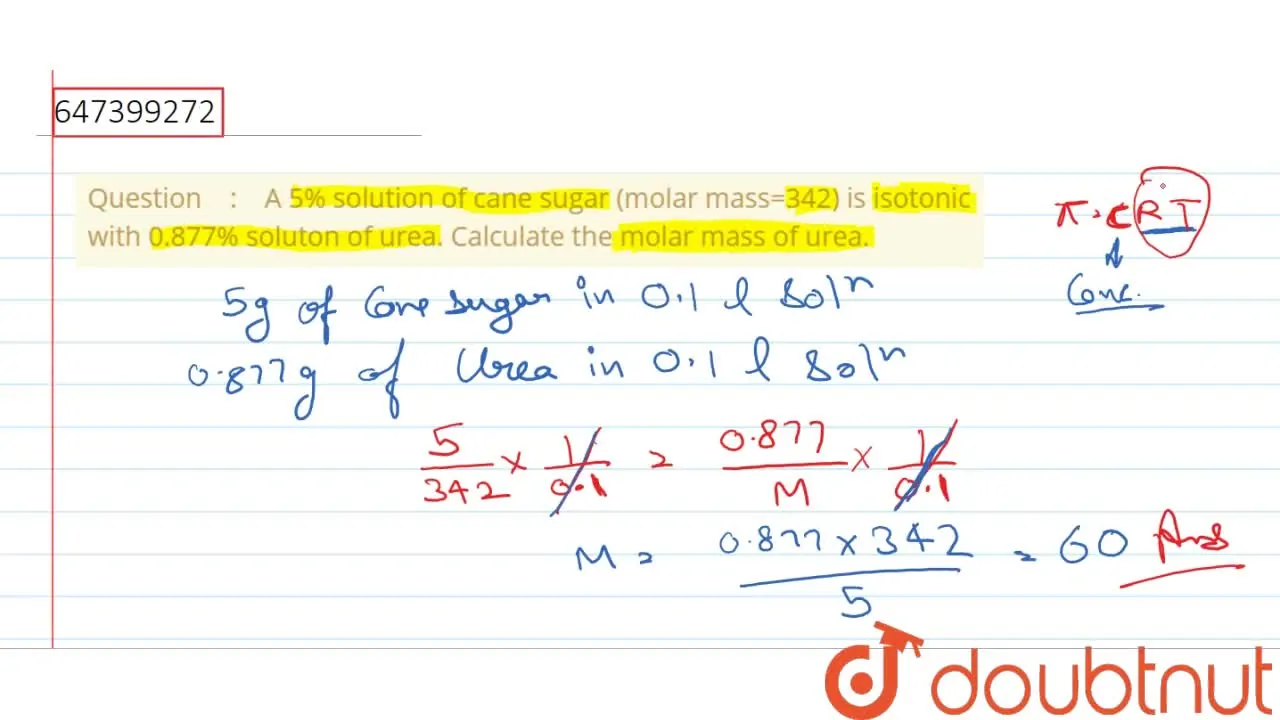 [Punjabi] A 5% solution of cane sugar (molar mass=342) is isotonic wit