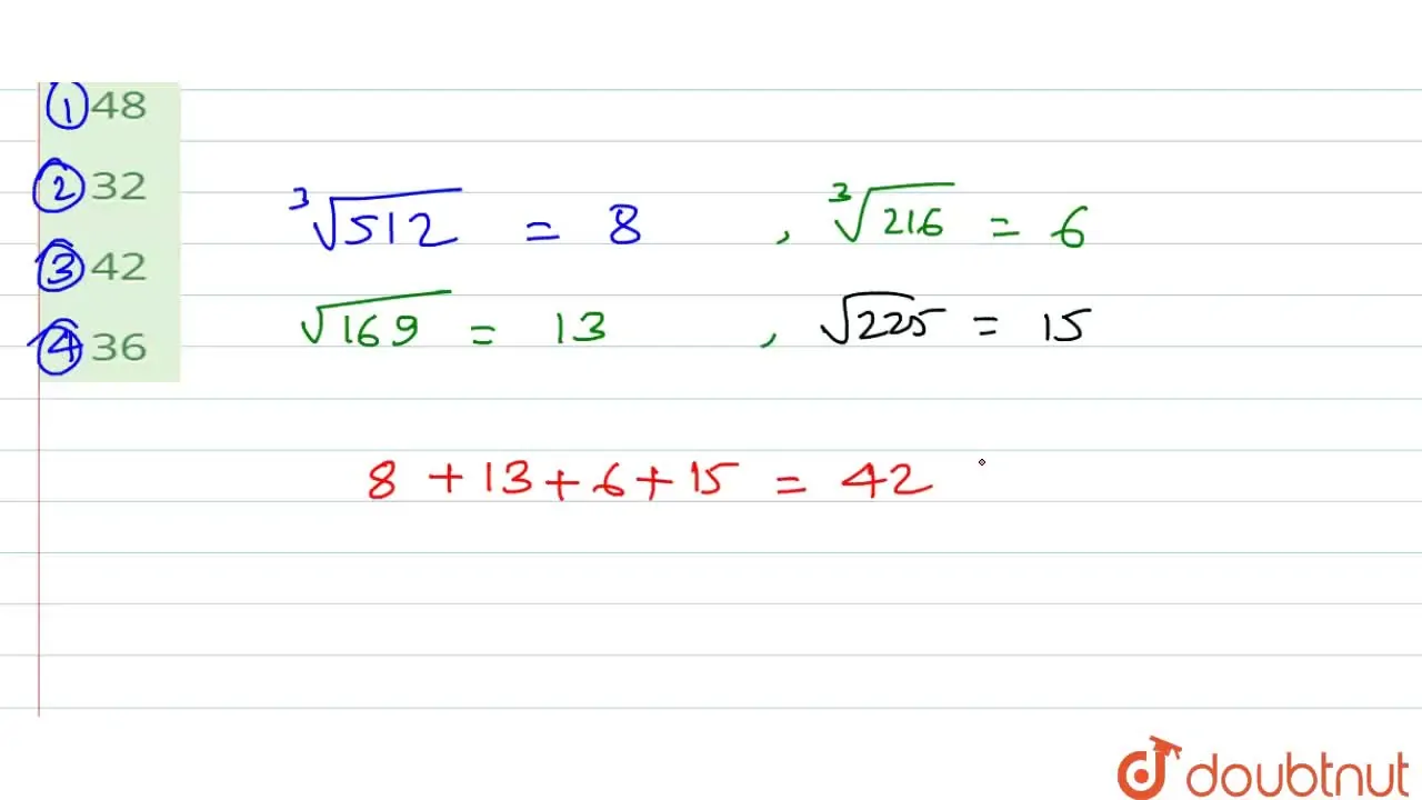root(3)(512) + sqrt(169) + root(3)(216) + sqrt(225) का मान क्या है?