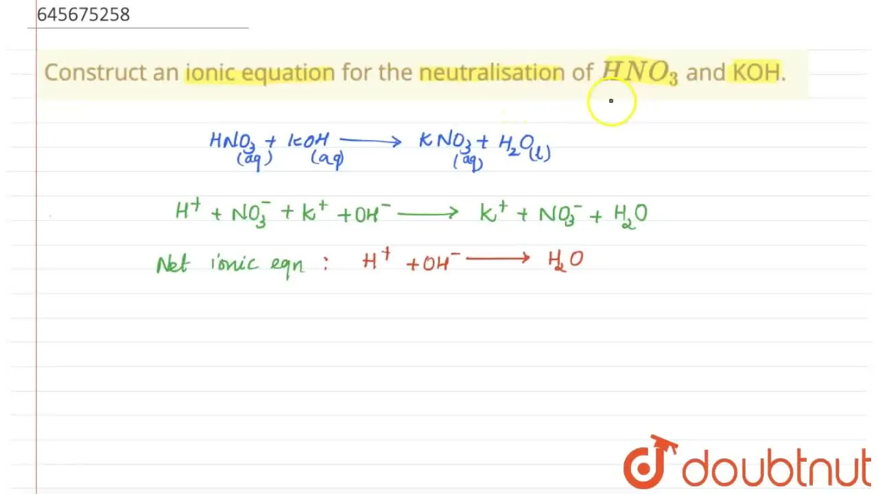 [Malayalam] Construct an ionic equation for the neutralisation of HNO3