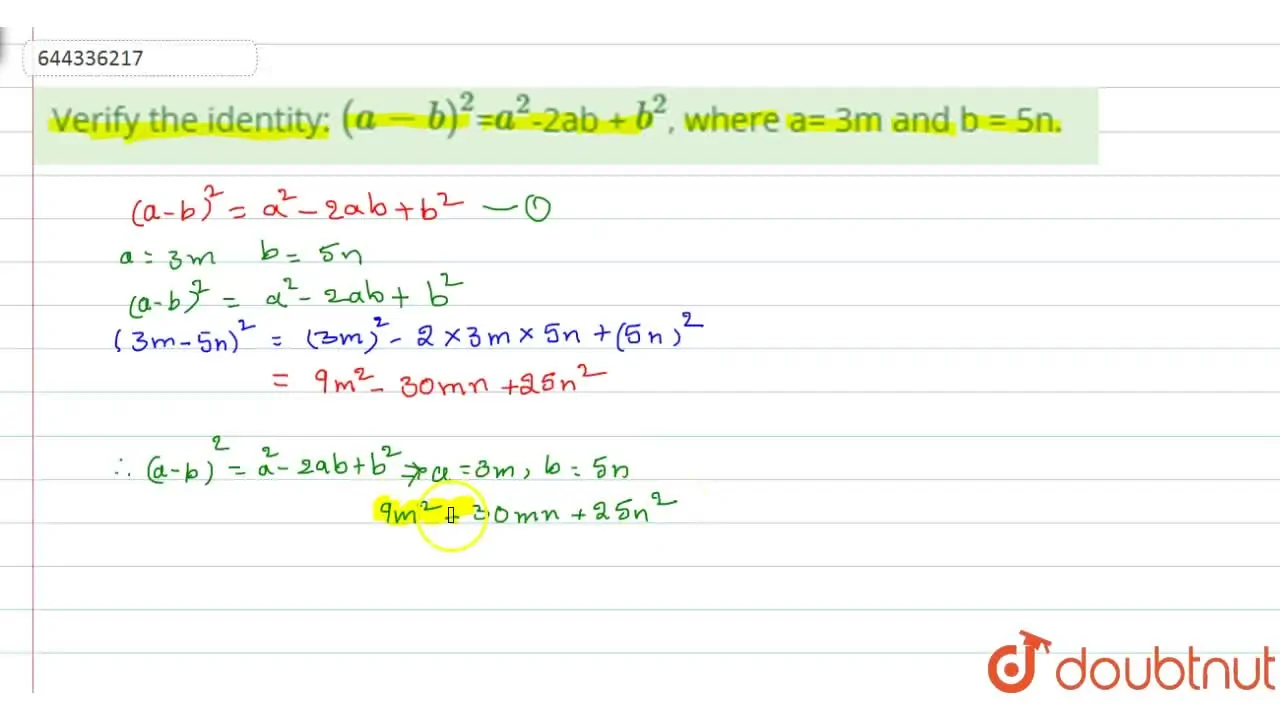 [Telugu] Verify the identity: (a-b)^2=a^2-2ab + b^2, where a= 3m and b