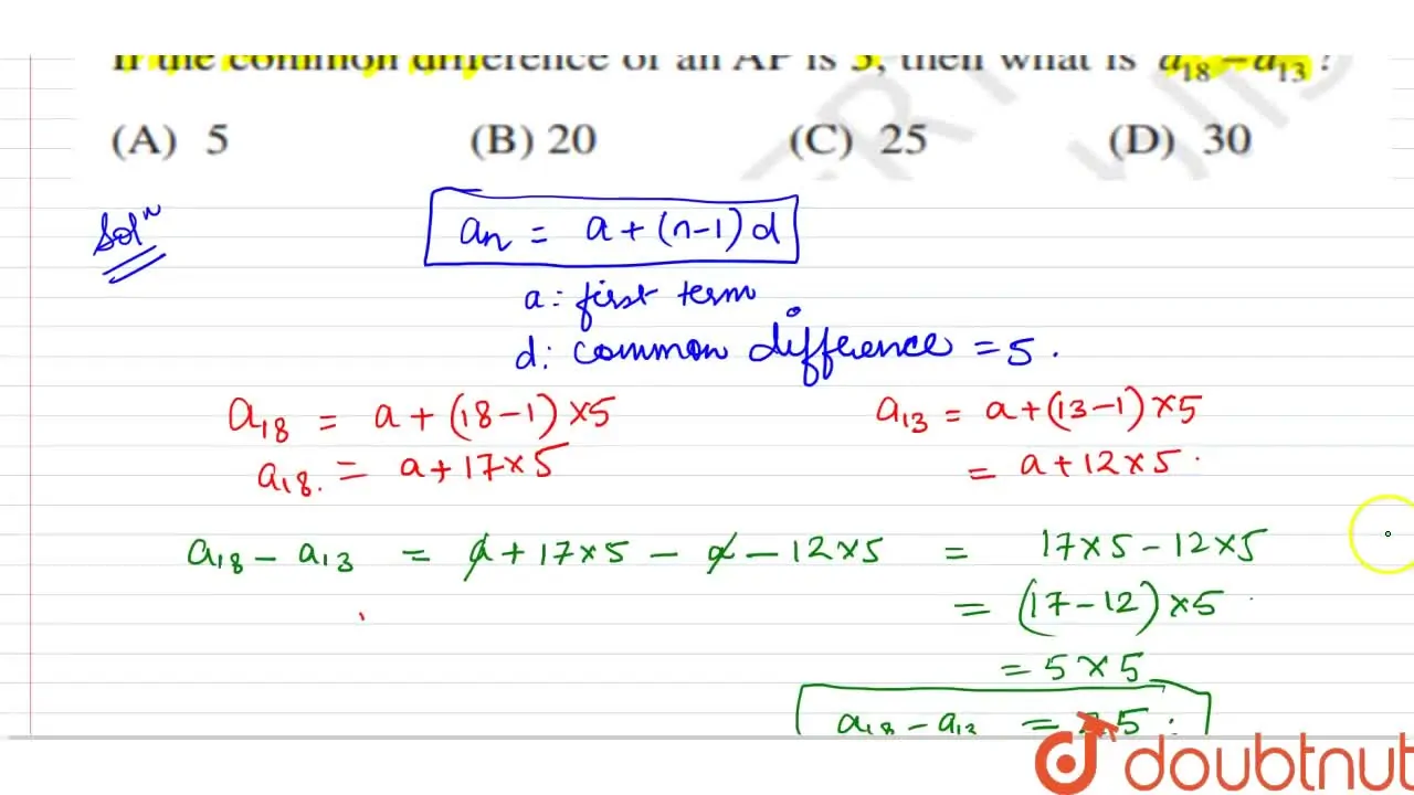 If the common difference of an AP is 5, then what is a(18)-a(13)
