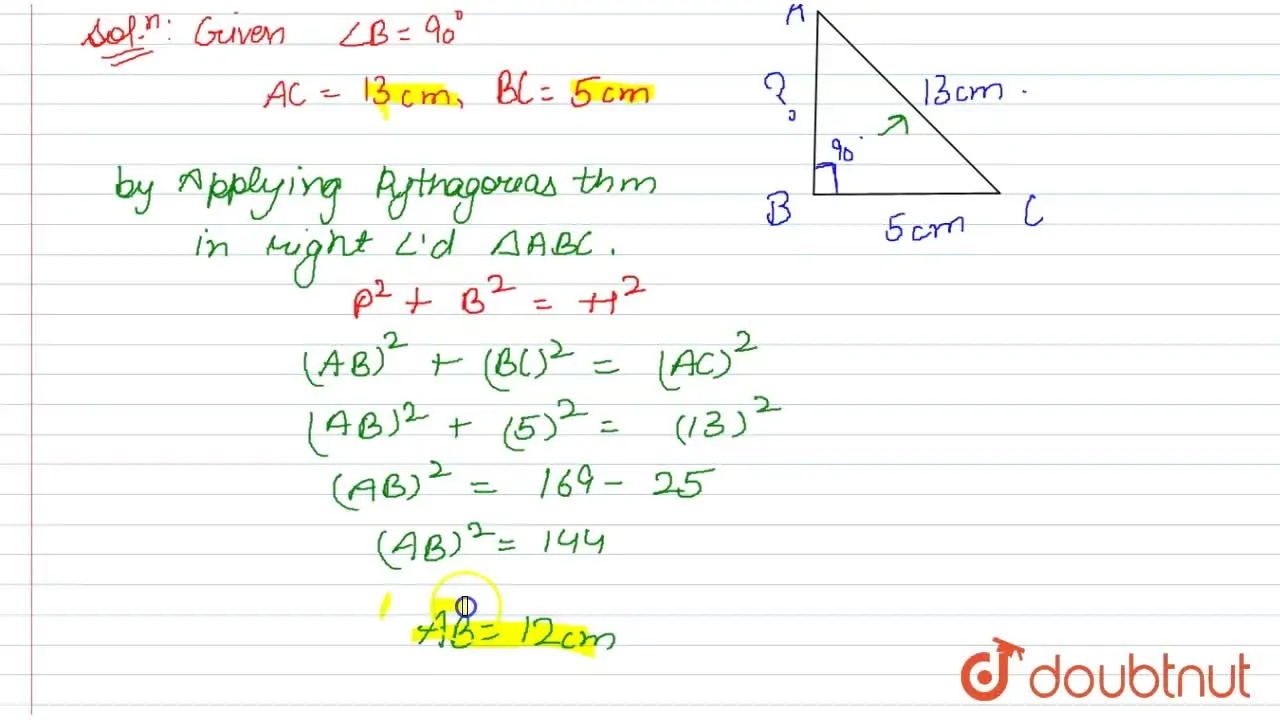 [Punjabi] In a right triangle ABC,angle B = 90^@ : If AC = 13 cm, BC