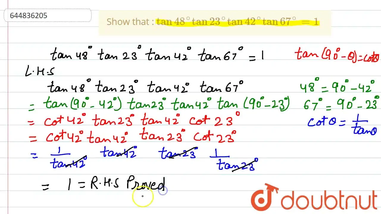 [Punjabi] Show that : tan 48^@ tan 23^@ tan 42^@ tan 67^@ = 1