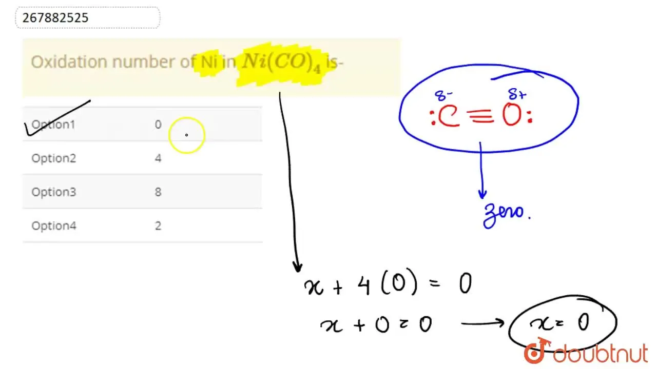 Oxidation number of Ni in Ni(CO)(4) is-