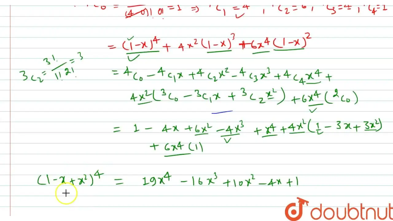 (1-x+x^(2))^(4) का विस्तार x^(4) वाले पद तक करें।