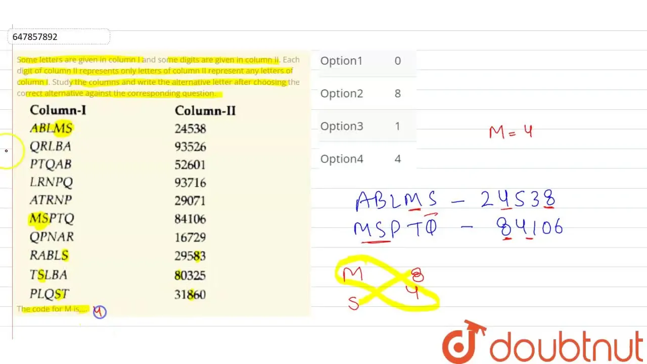 Some letters are given in column I and some digits are given in column