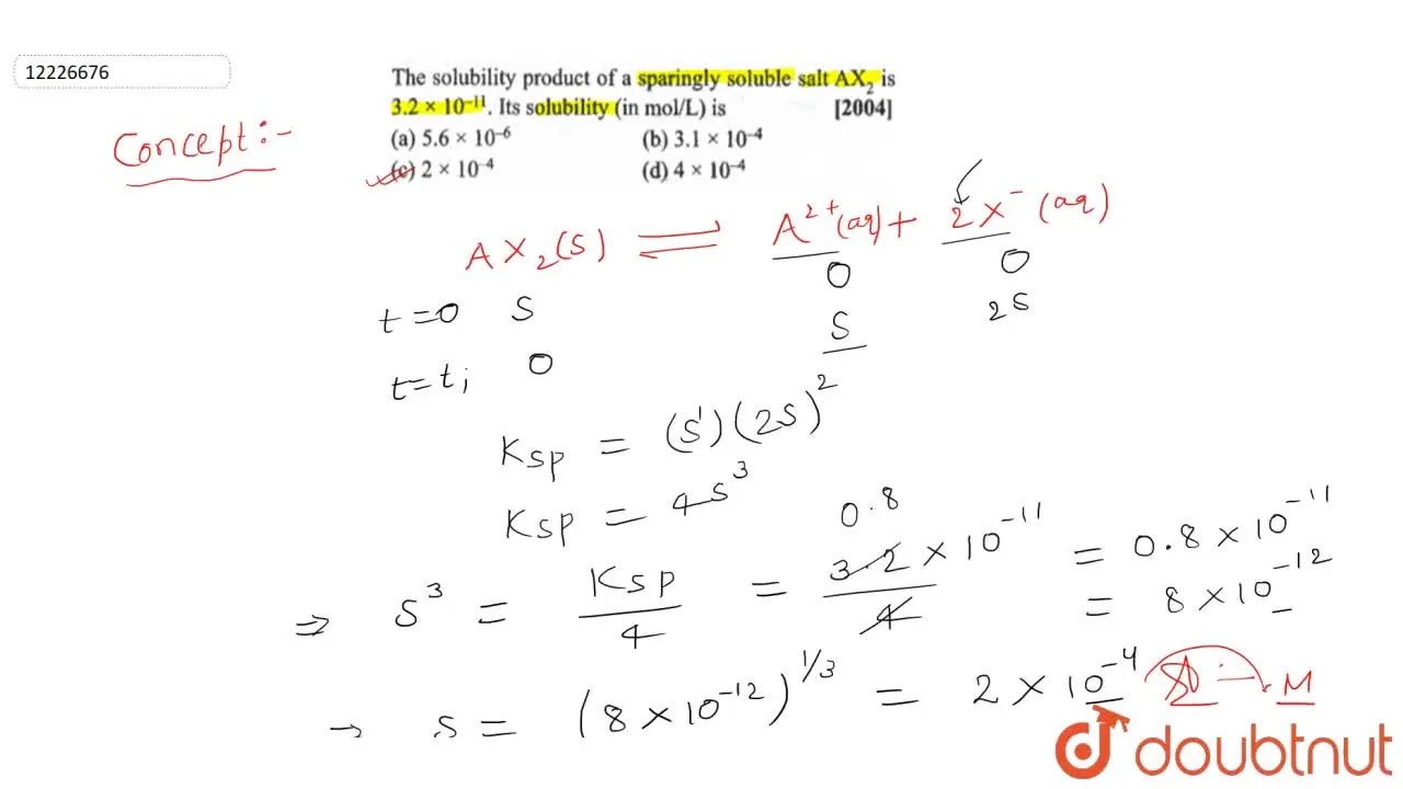 The solubility product of a sparingly soluble salt AX(2) is 3.2xx10^(-