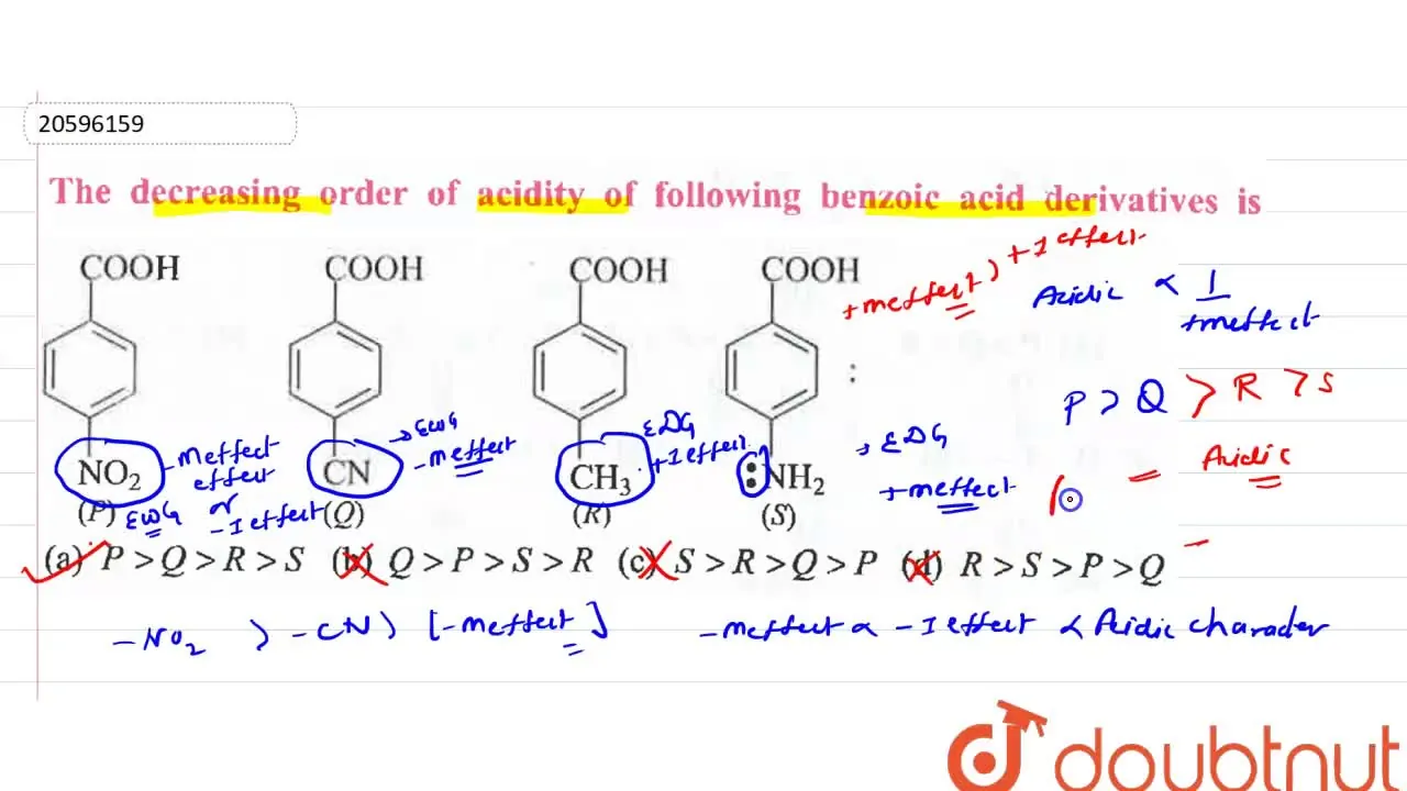 rArr The decreasing order of acidity of following benzoic acid derivat