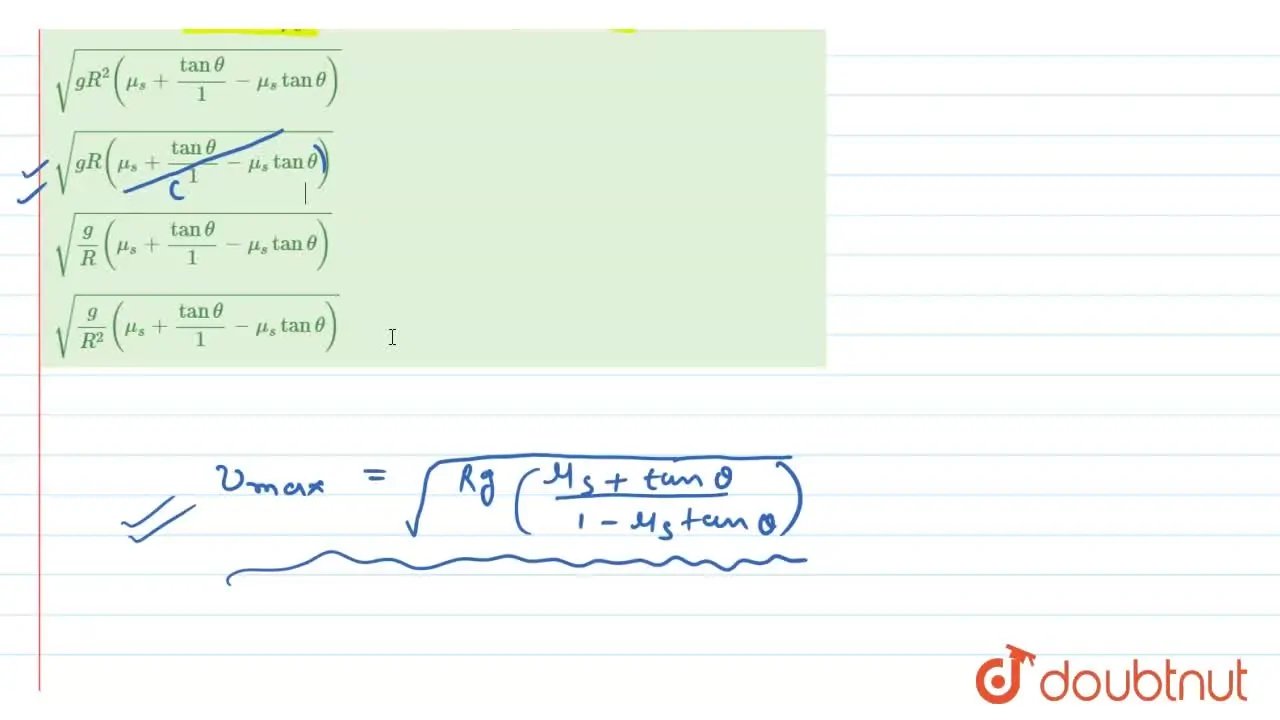 sqrt(g/R(mus + tan theta/1 - mus tan theta))