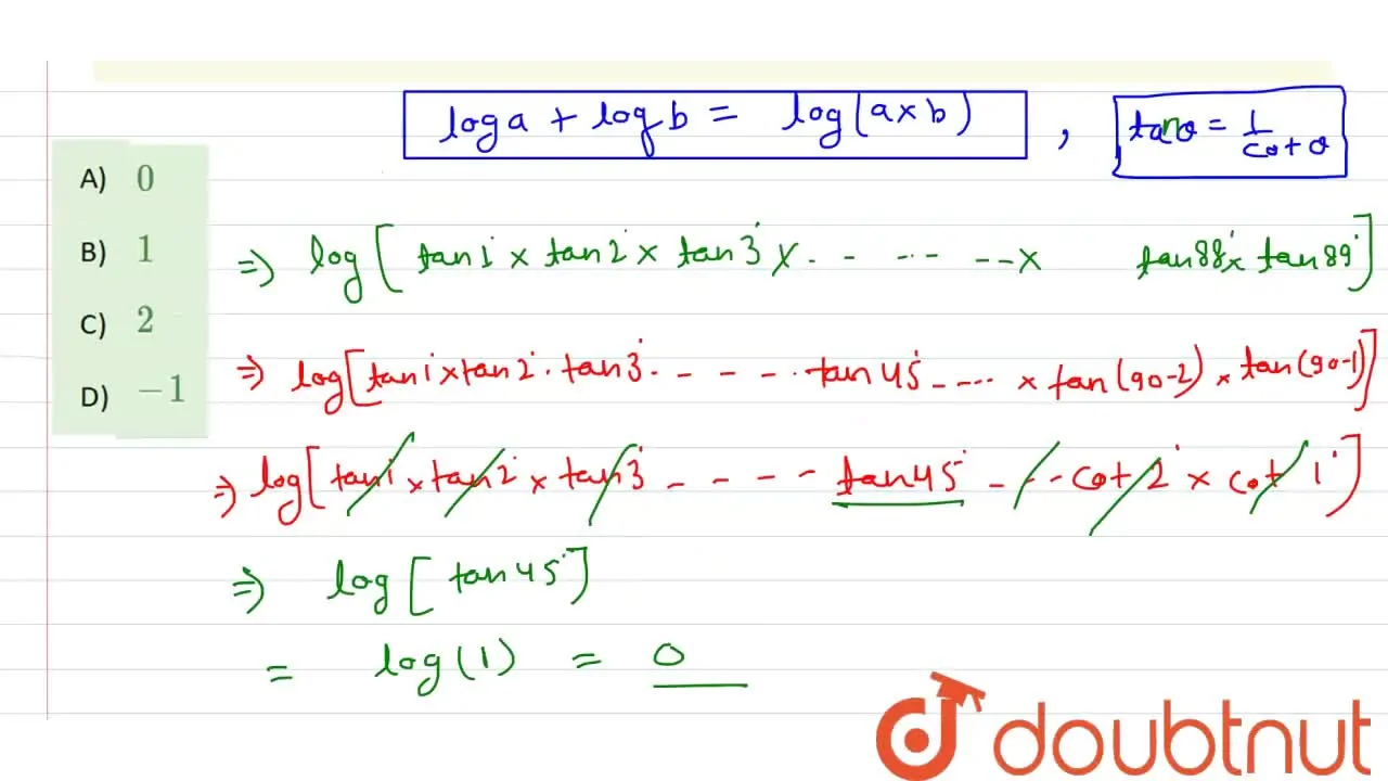 log (tan 1^@) + log (tan 2^@) + log (tan 3^@) + ........... + log (tan