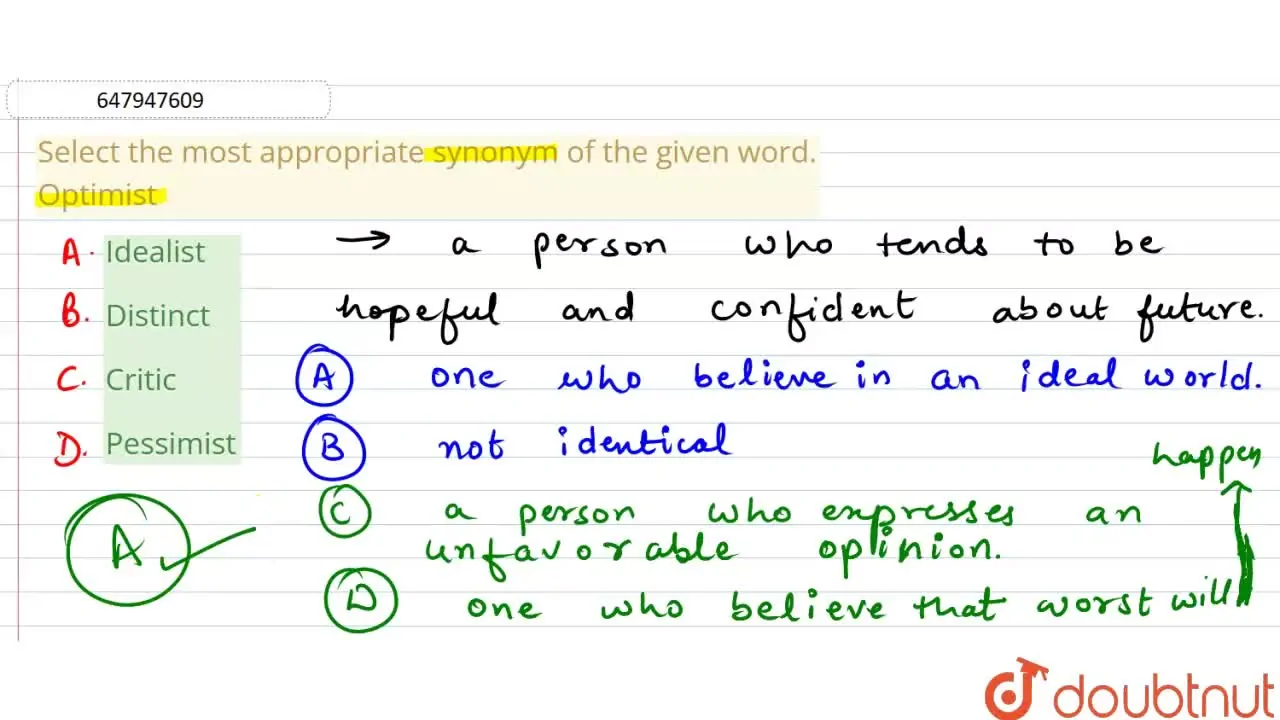 Select the most appropriate synonym of the given word. Optimist