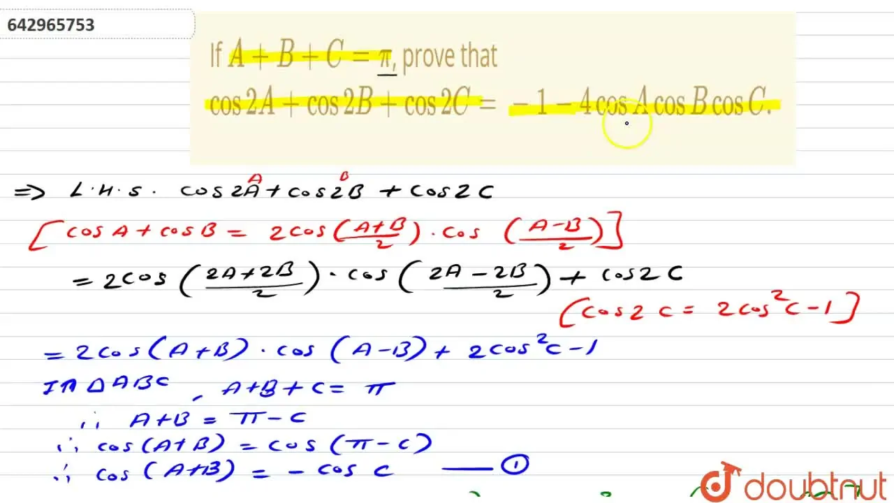 [Marathi] If A+B +C=pi, then cos 2A + cos 2B+ cos 2C=