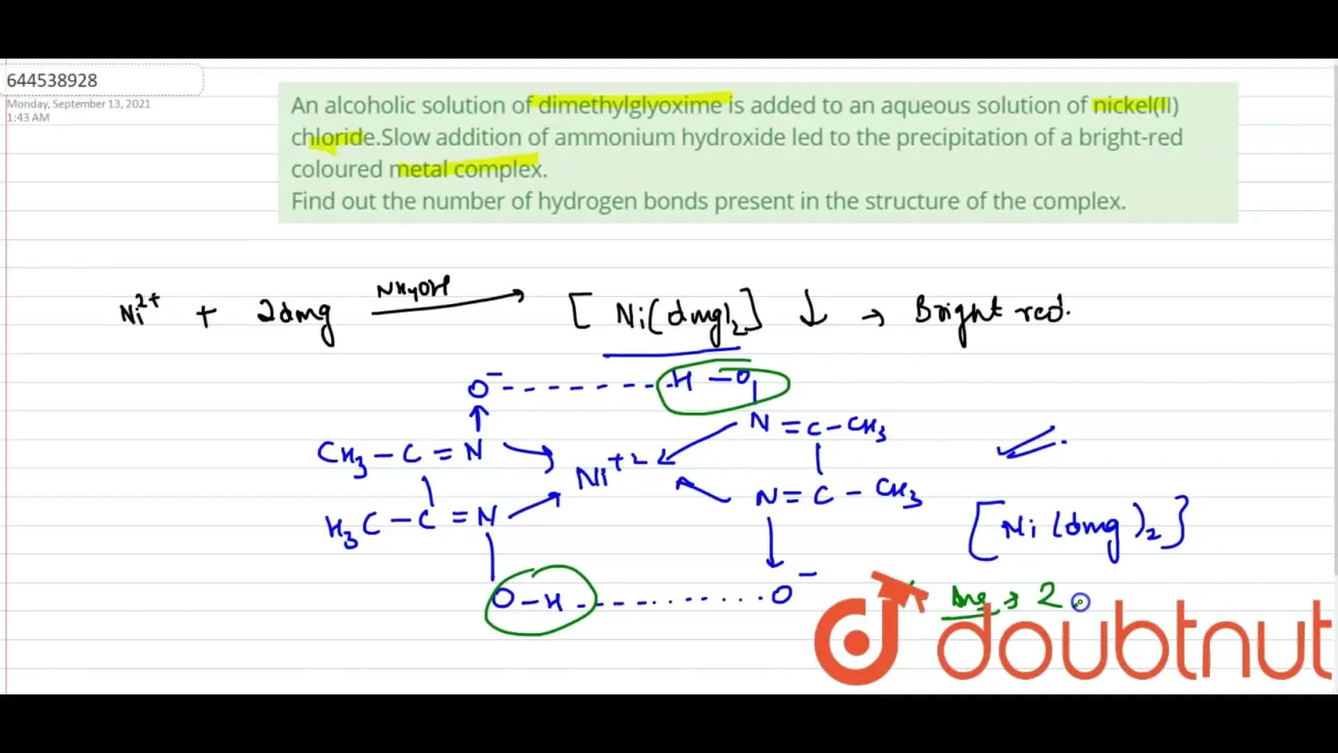 An alcoholic solution of dimethylglyoxime is added to an aqueous solut