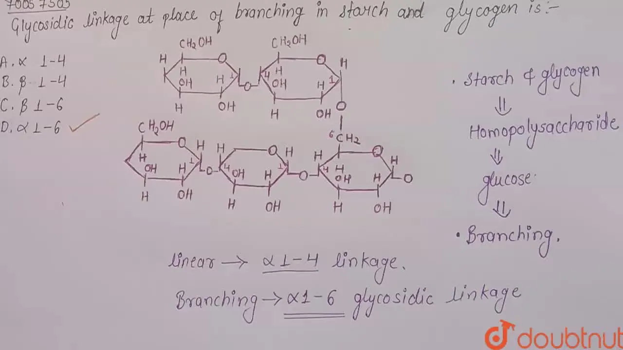 Glycosidic linkage at place of branching in starch and glycogen is