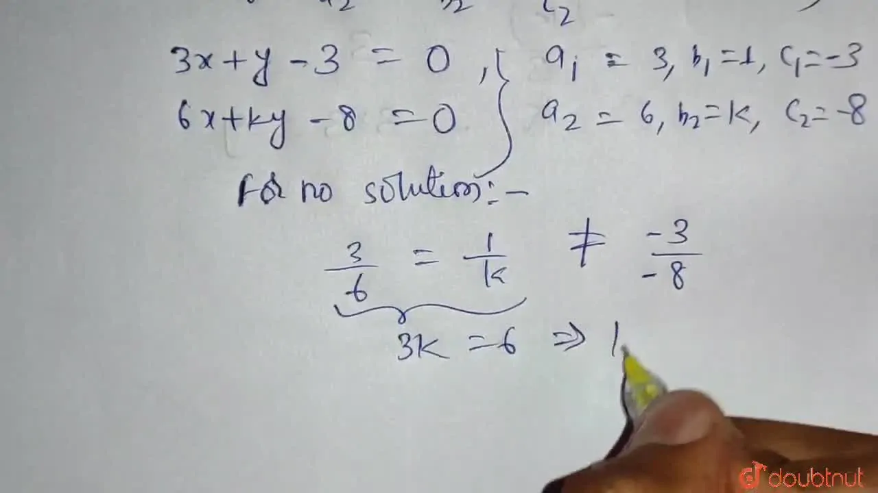 For what value of k, the pair of linear equations 3x+y=3 and 6x+ky=8 d