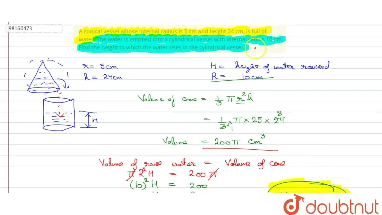 A conical vessel whose internal radius is 5 cm and height 24 cm, is fu