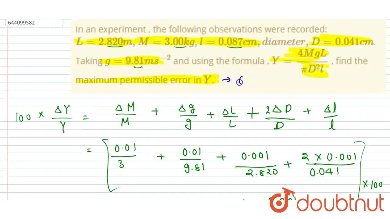 In an experiment , the following observations were recorded: L = 2.8