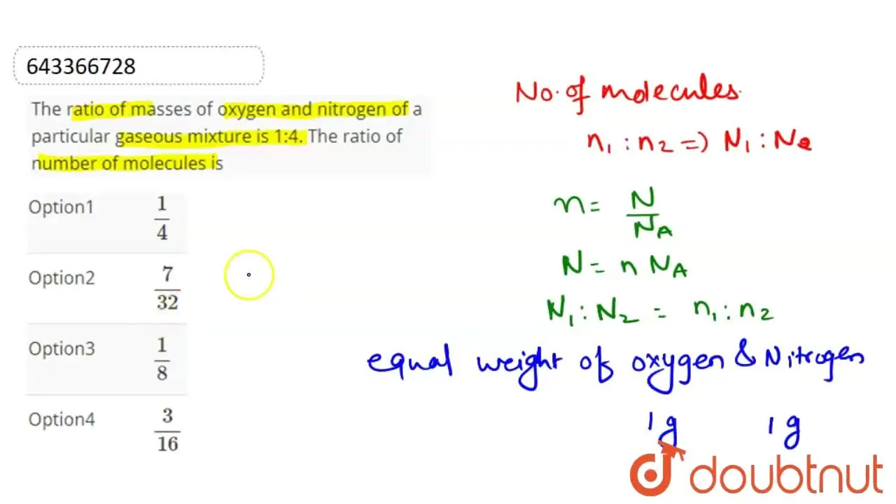 The ratio of masses of oxygen and nitrogen of a particular gaseous mix